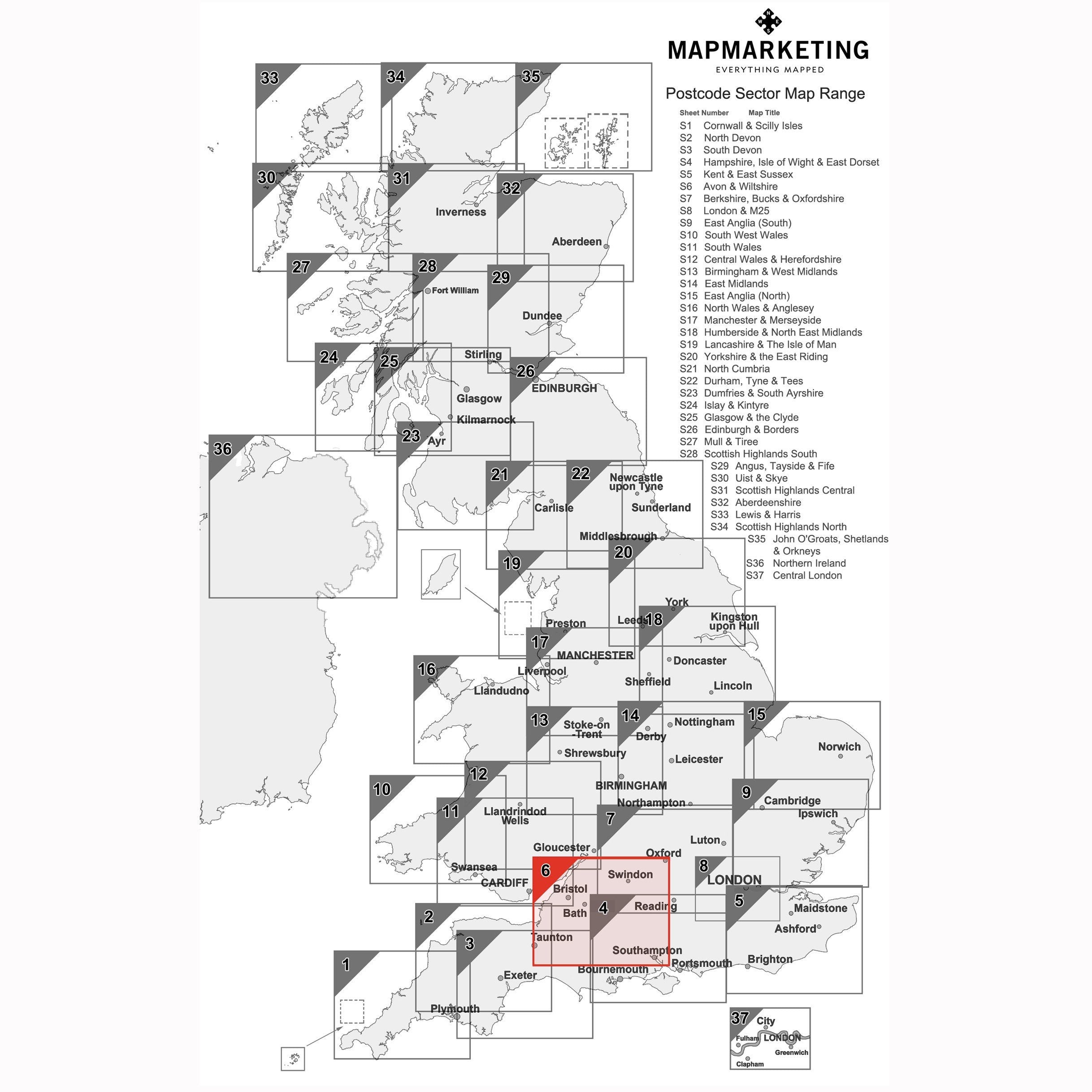 Avon and Wiltshire (Bristol) Postcode Wall Map - Sector Map 6 – Geopacks