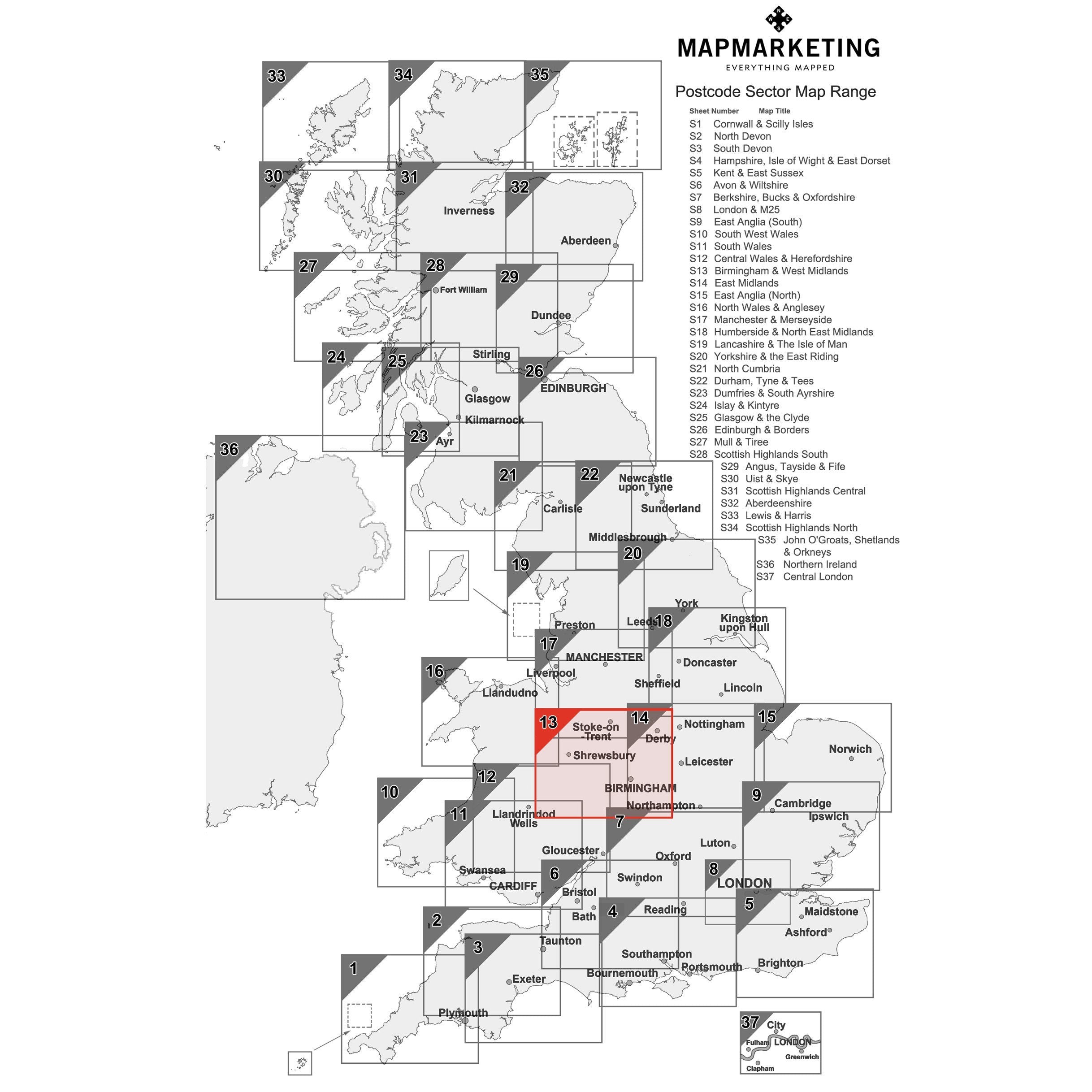Birmingham & West Midlands Postcode Wall Map - Sector Map 13 – Geopacks