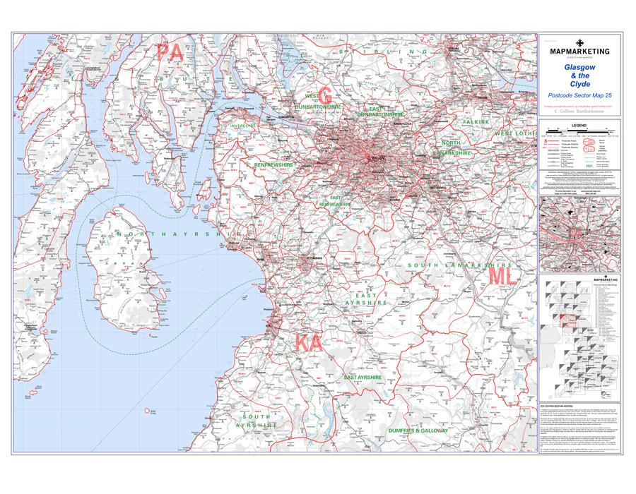 Postcode Wall Map Glasgow, Aberfoyle, Carronbridge, Carnwath, Kilberry ...