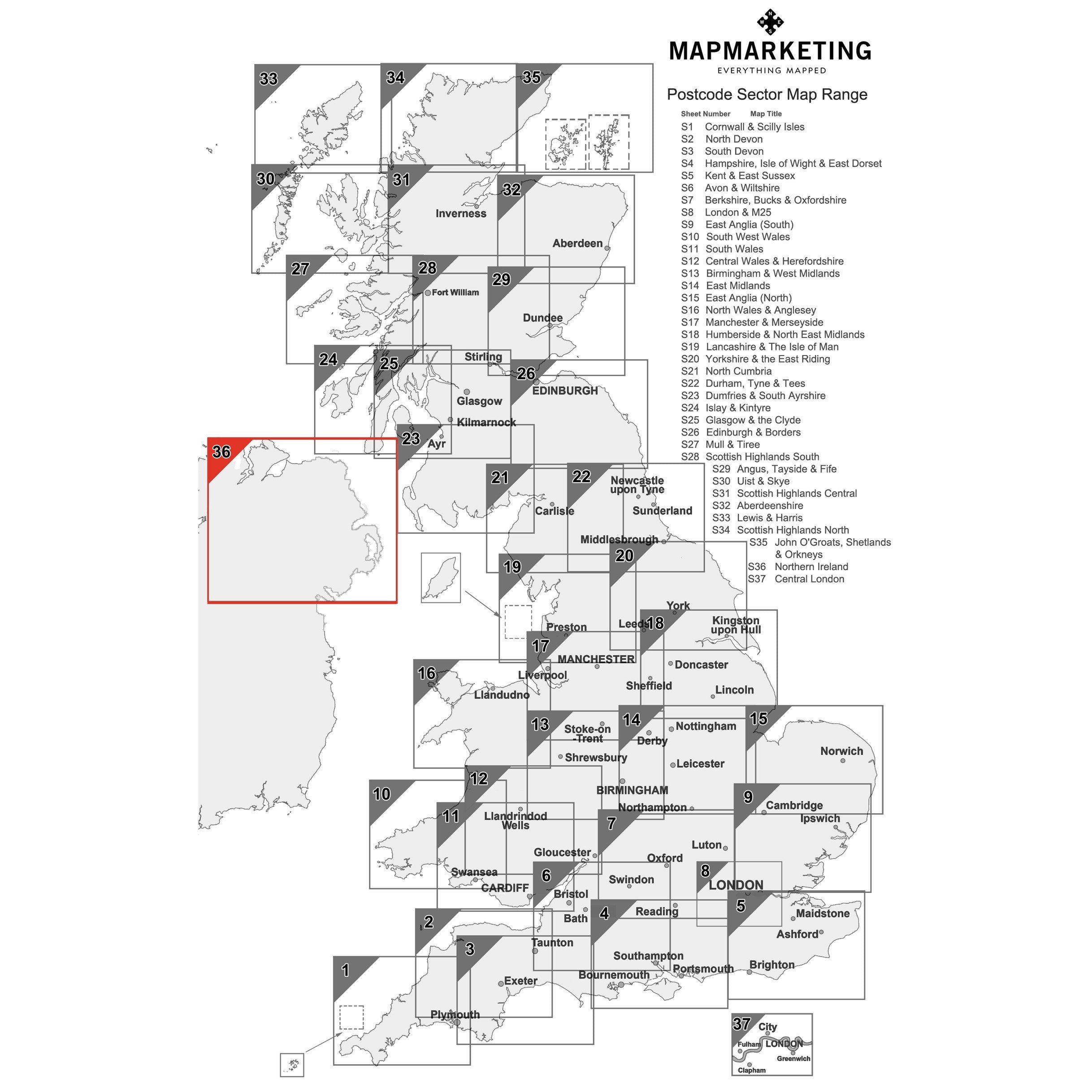 Northern Ireland (Belfast) Postcode Wall Map - Sector Map 36 – Geopacks