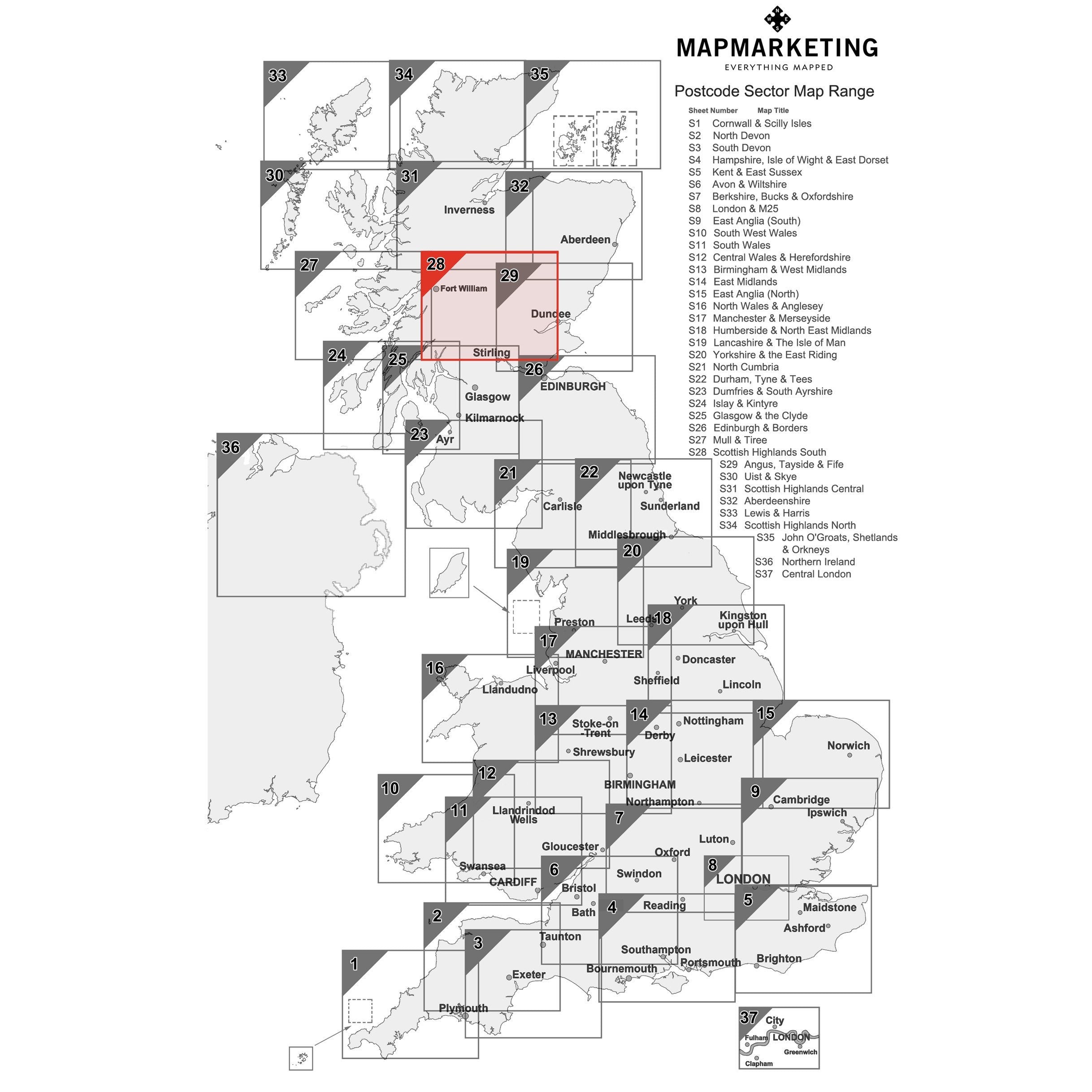 Scottish Highlands (South) Postcode Wall Map - Sector Map 28 – Geopacks
