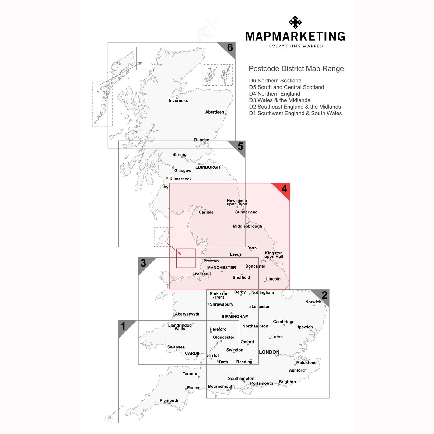 Northern England Newcastle, Leeds, Manchester & Liverpool Postcode Map ...