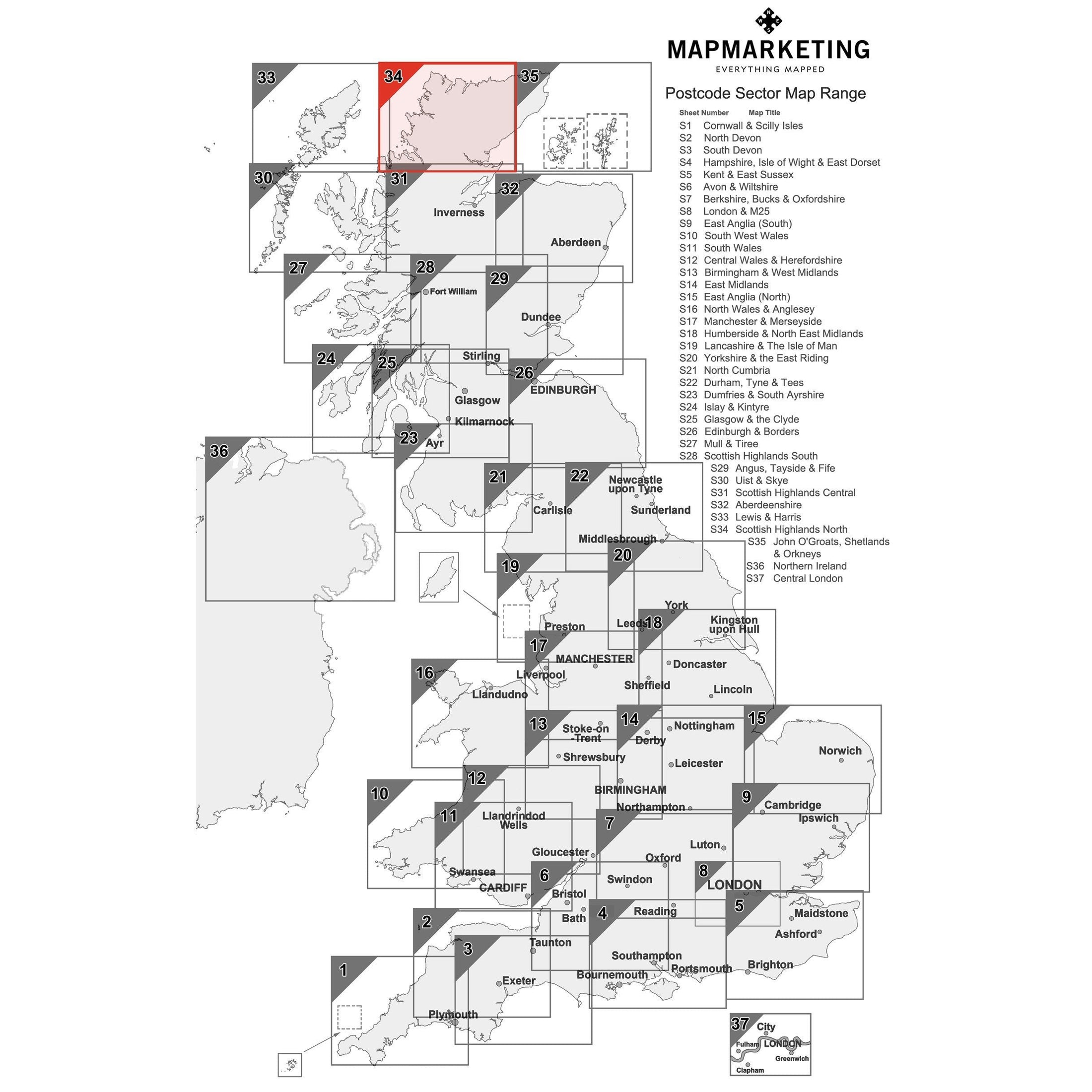 Scottish Highlands (North) - Postcode Sector Map 34 – Geopacks