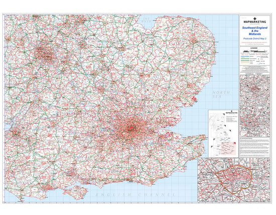 Southeast England & Midlands Postcode Wall Map, Birmingham Bristol ...